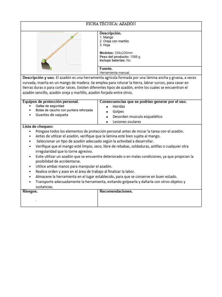 Ficha Técnica del Azadón Agrícola | PDF | Hogar, jardinería y bricolaje