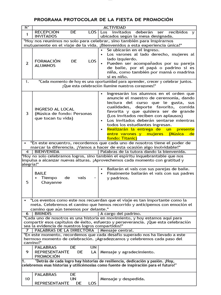 Programa Protocolar de La Fiesta de Promocion | PDF