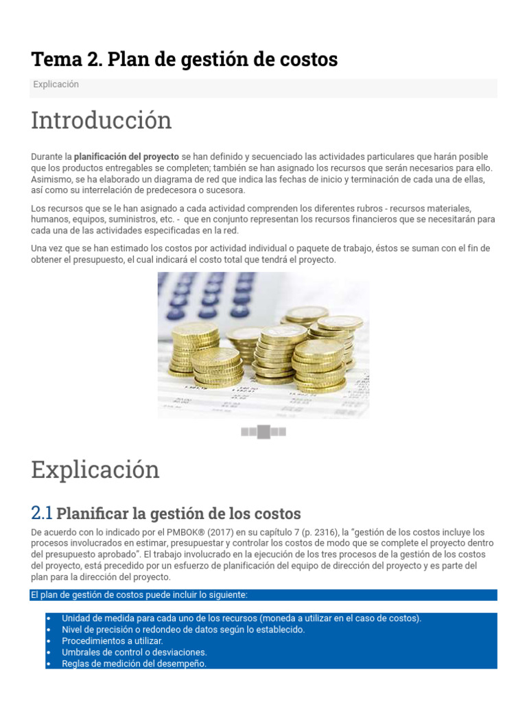 Desarrollo de proyecto de campo - tema 2 Plan de gestión de costos ...