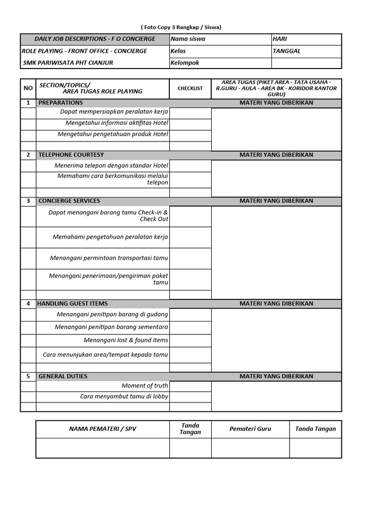 Role Playing 2022 - Fo - Concierge - Checklist | PDF