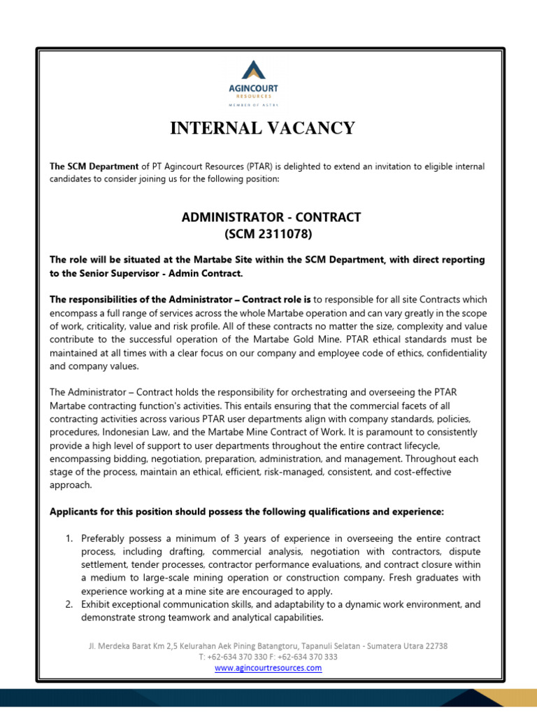 Internal Contract Admin Vacancy | PDF