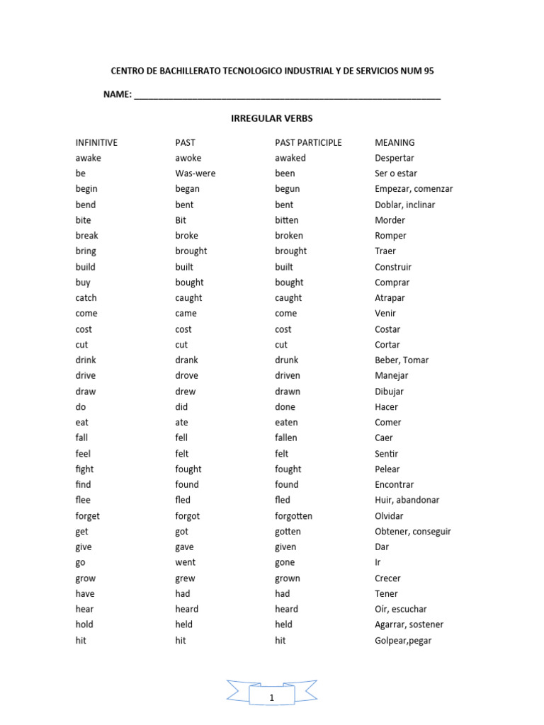 Lista de Verbos Irregulares CBTIS Completa | PDF | Linguistics | Semantic Units