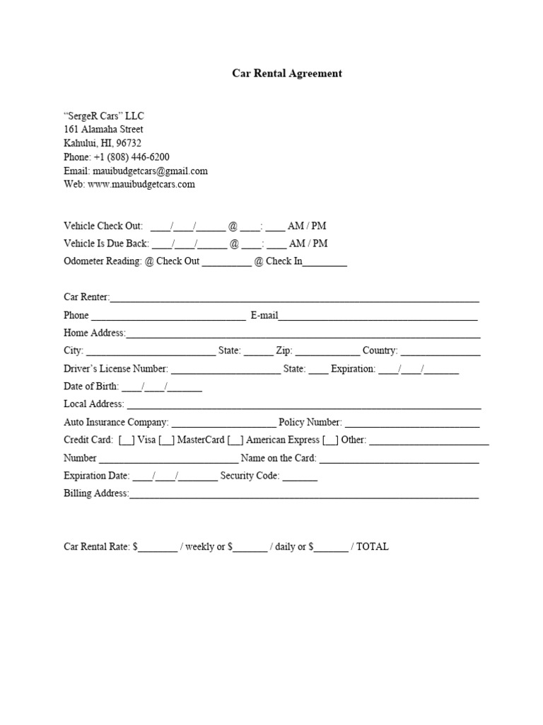 Blank Car Rental Agreement Sample | PDF | Renting | Vehicle Insurance