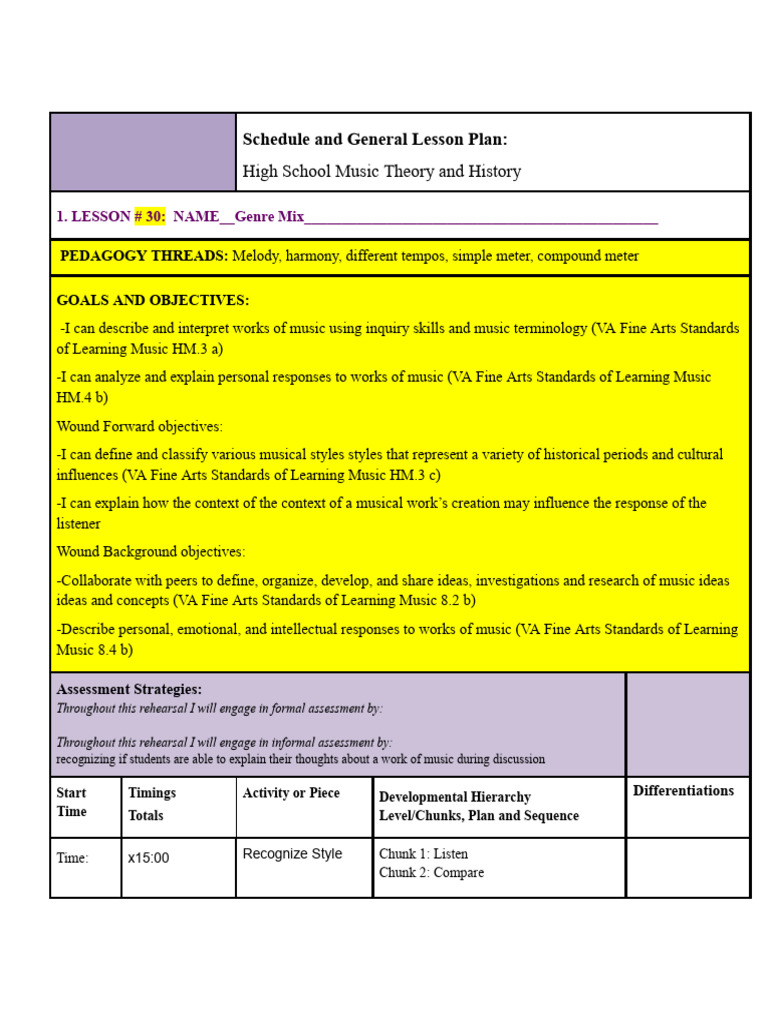 High School Music Theory and History Lesson Plan Genre Mix | PDF ...