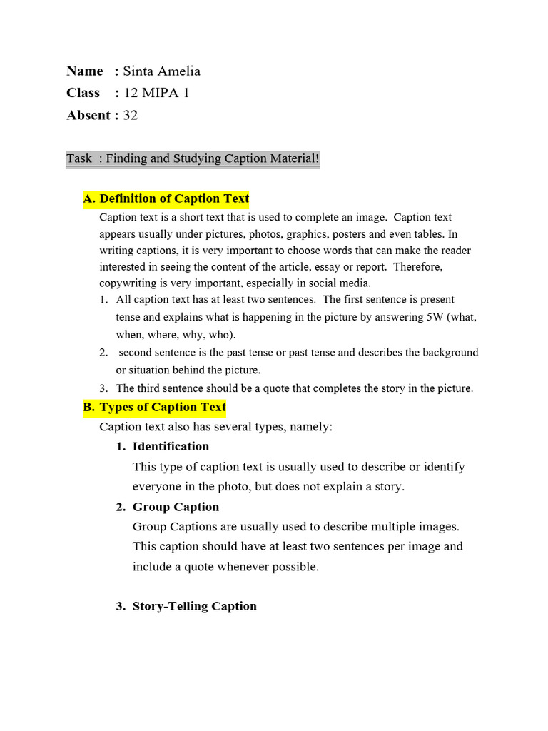 12a132 - Sinta Amelia (Caption Text) | PDF | Phrase | English Grammar