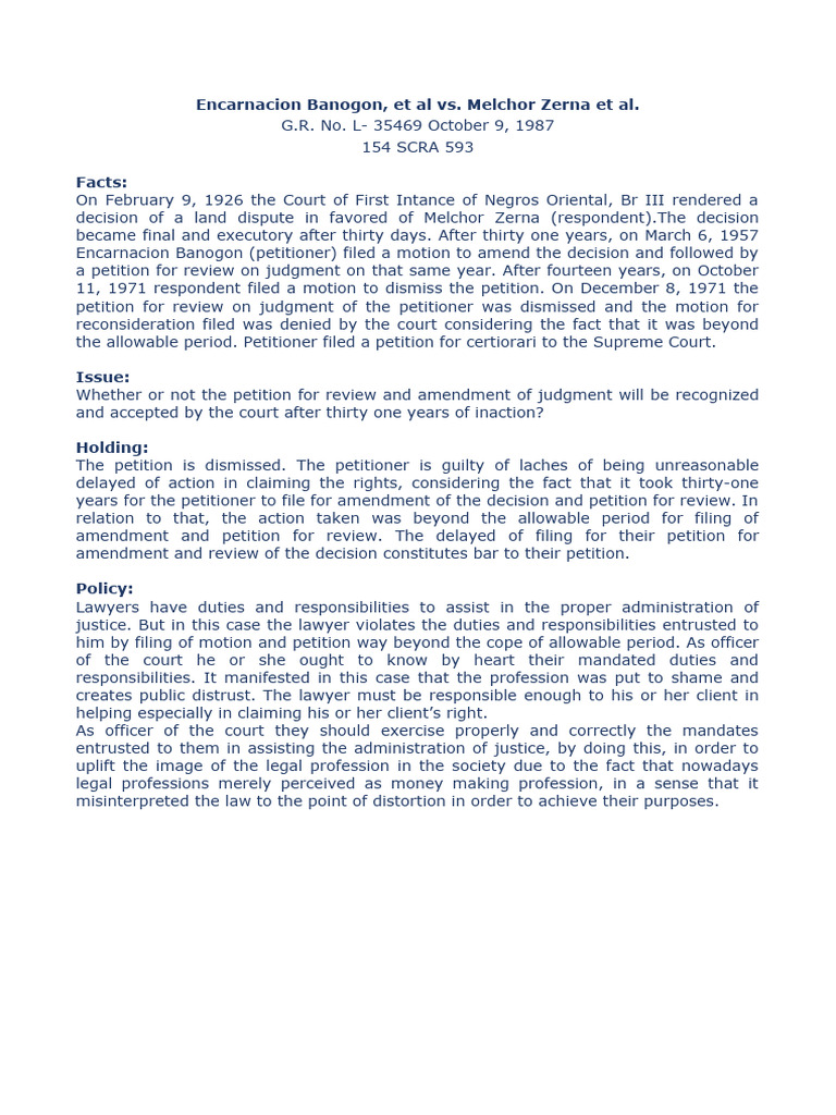 Banogon Vs Zerna-Case Digest | PDF | Judgment (Law) | National Supreme ...