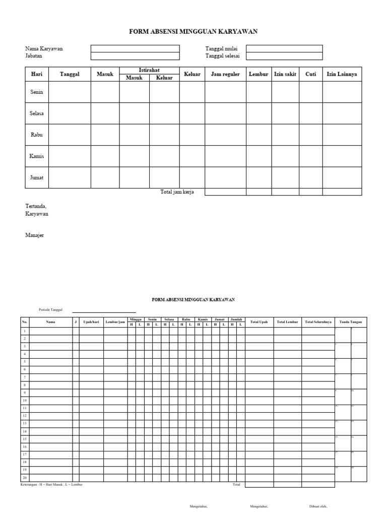 Form Absensi Mingguan Karyawan | PDF