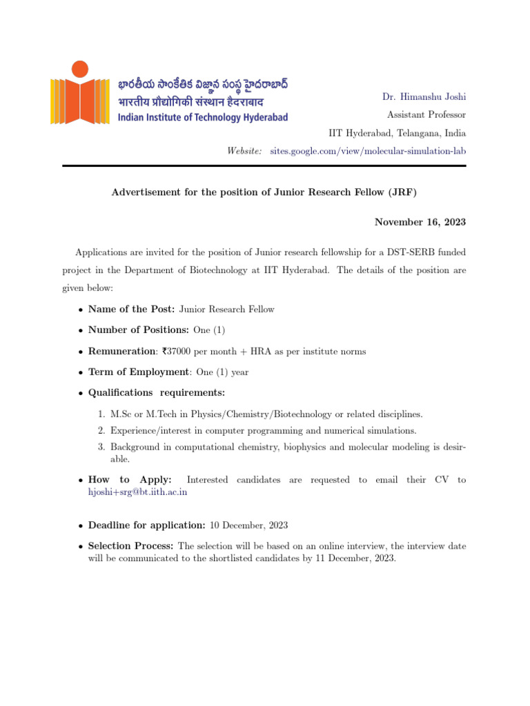 JRF Position at IIT Hyderabad | PDF