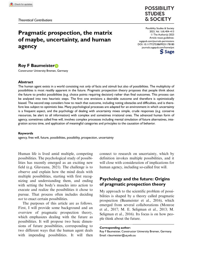 Baumeister 2023 Pragmatic Prospection The Matrix of Maybe Uncertainty ...