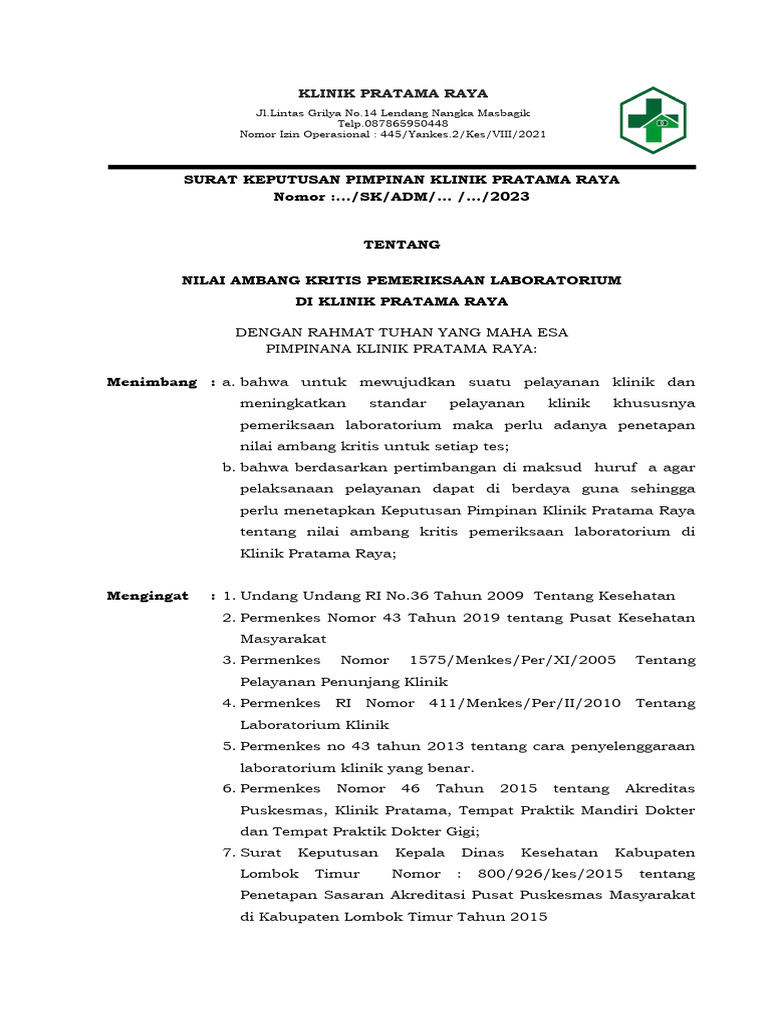 SK TTG Nilai Ambang Kritis Lab | PDF