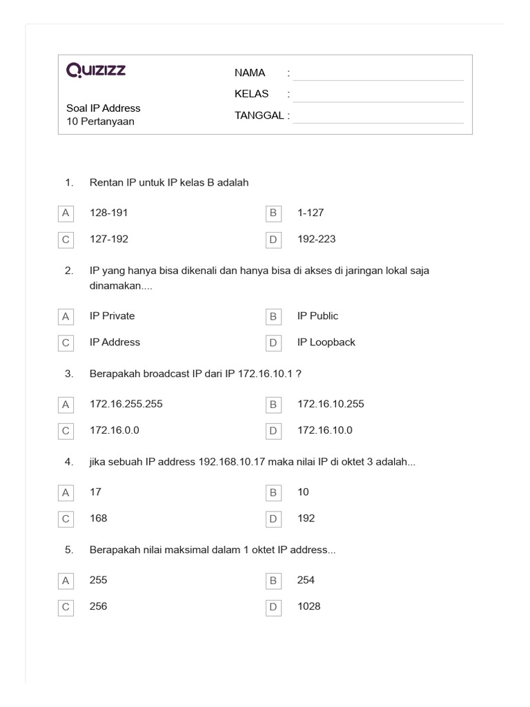 Soal dan Jawaban IP Address Kelas B dan C | PDF | Komputer