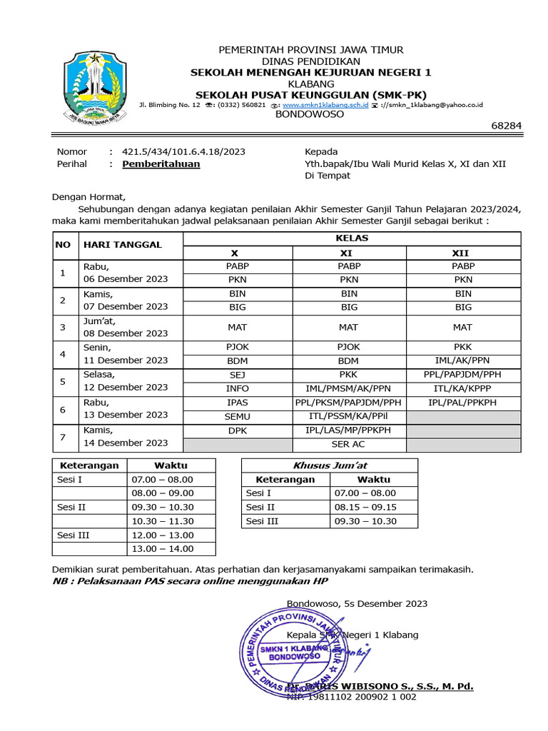 Jadwal Pas Ganjil TP 2023-2024 | PDF