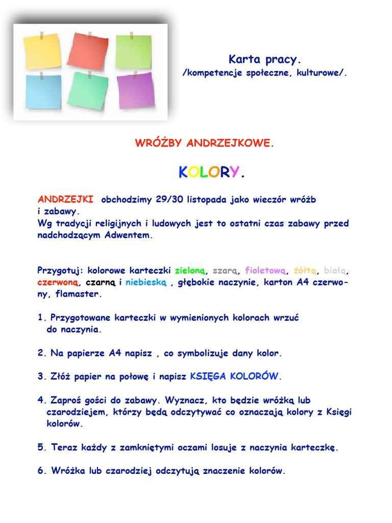Andrzejki - Noc Z 29-30.11. - Wrozby I Zabawy Andrzejkowe. Kolory | PDF