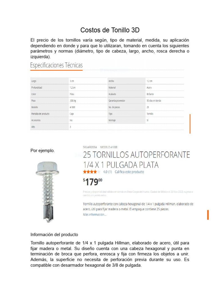 Costo de Tornillo | PDF