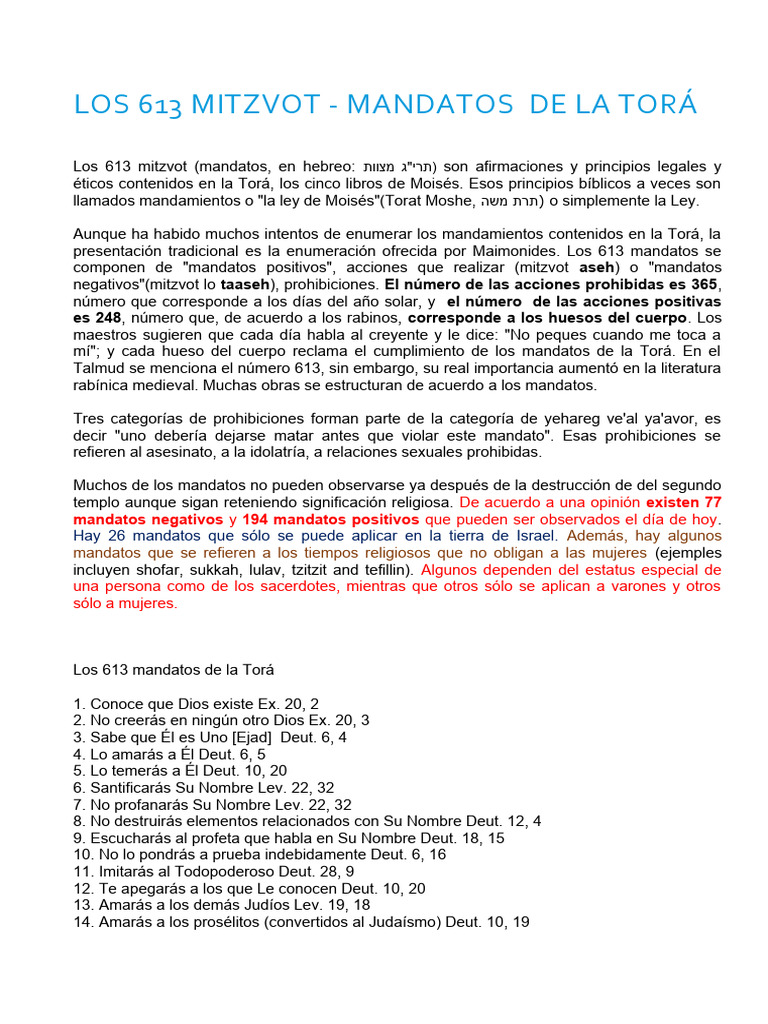 613 Mandamientos de La TORÁ | PDF | Libro de levítico | Mitzvá