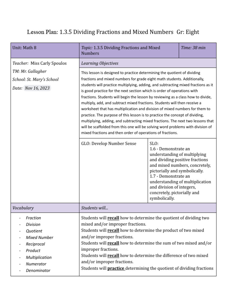 Lesson Plan: 1.3.5 Dividing Fractions and Mixed Numbers GR: Eight | PDF ...
