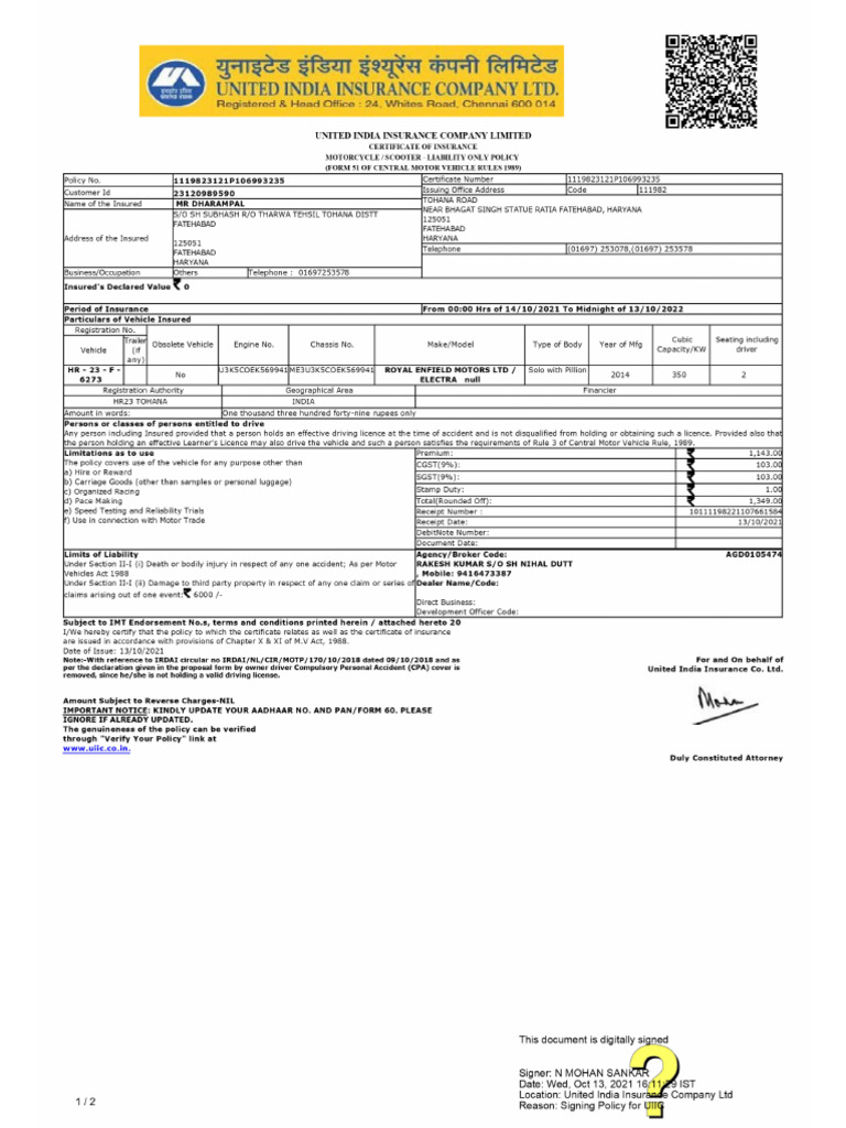 HR23F6273 Royal Enfielled Motorcycle Insurence | PDF