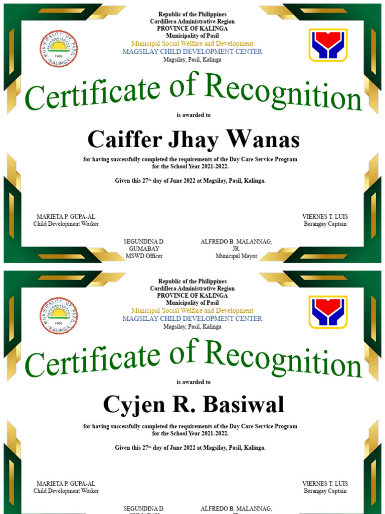Daycare Certificate | PDF | Child Care | Human Development