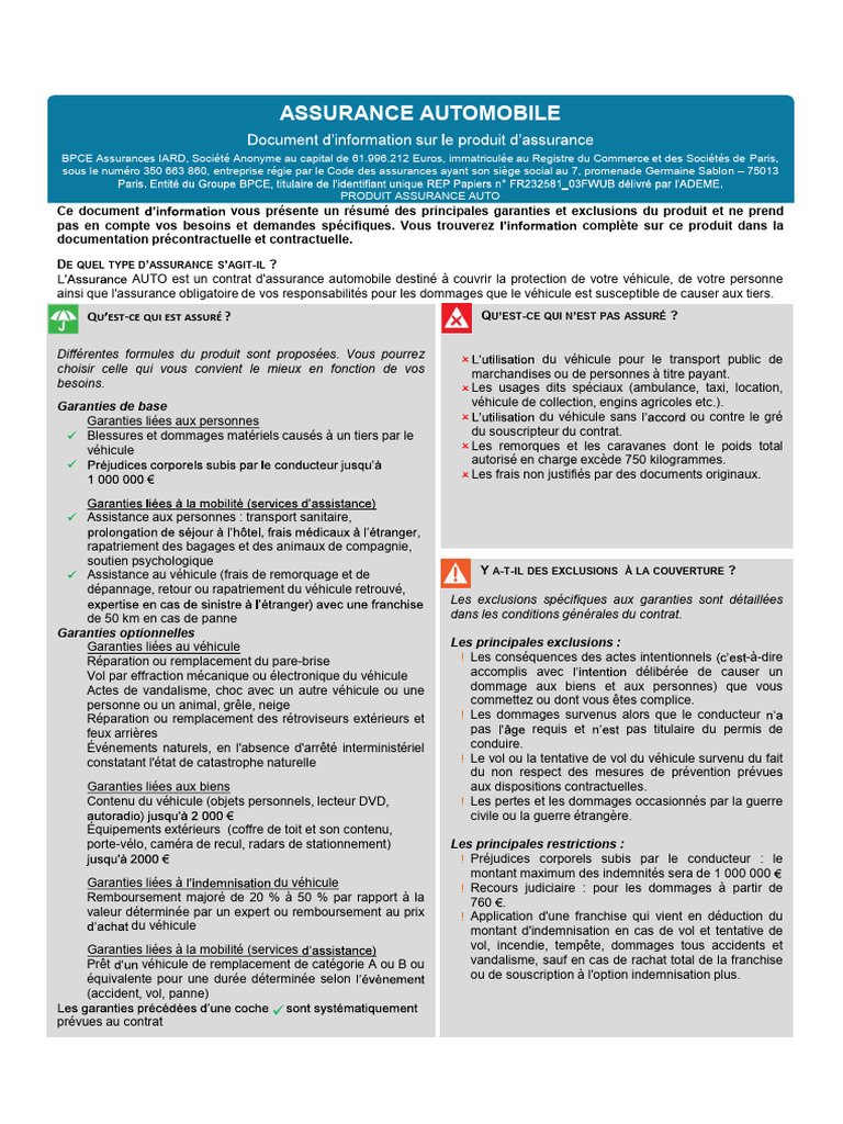 Assurance Auto BPCE : Garanties et Exclusions | PDF | Assurance | Véhicules