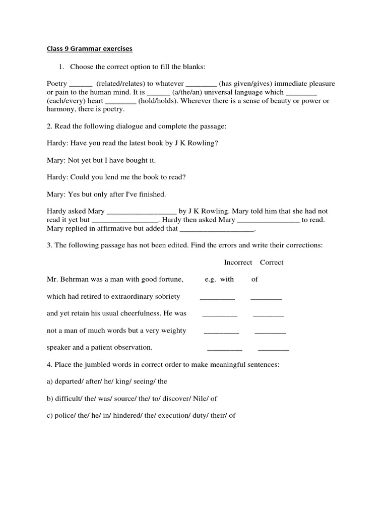Class 9 Grammar Exercises | PDF