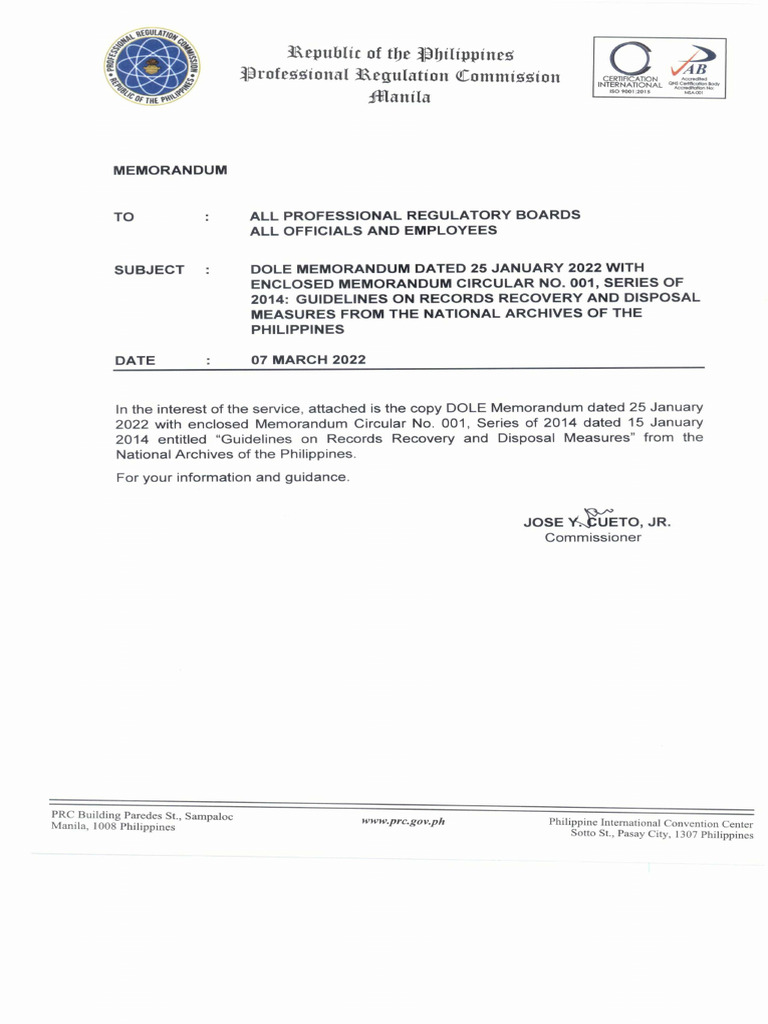 MC 001 S. 2014 Guidelines On Records Recovery and Disposal Measures ...