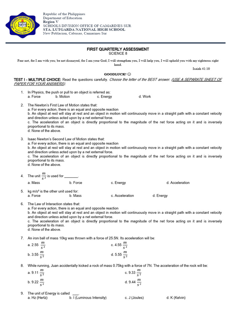 TQ Sci8 Q1 | Download Free PDF | Force | Acceleration
