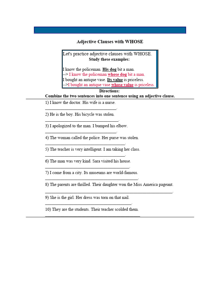Adjective Clauses With Whose Exercises WS 2 ILI MD, Grammar E4, Chapter ...