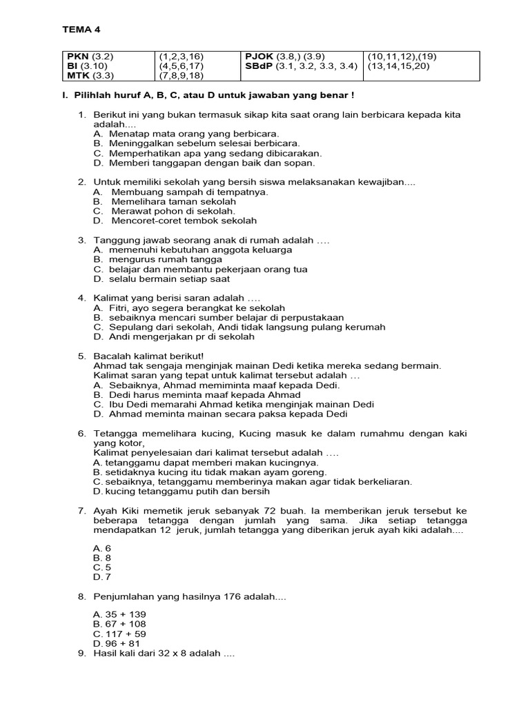 SOAL& Jawaban PAS KELAS 3 TEMA 4 Ver.2 - WEBSITE WWW - Kherysuryawan.id | PDF