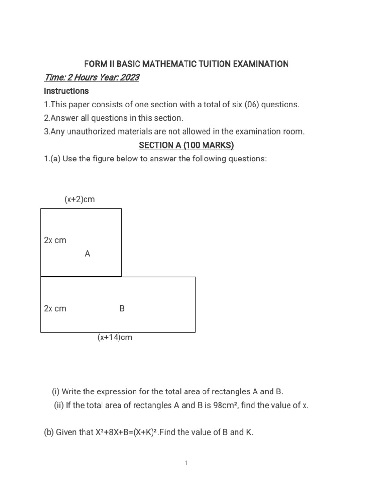 Basic Maths Tuition Exam | PDF