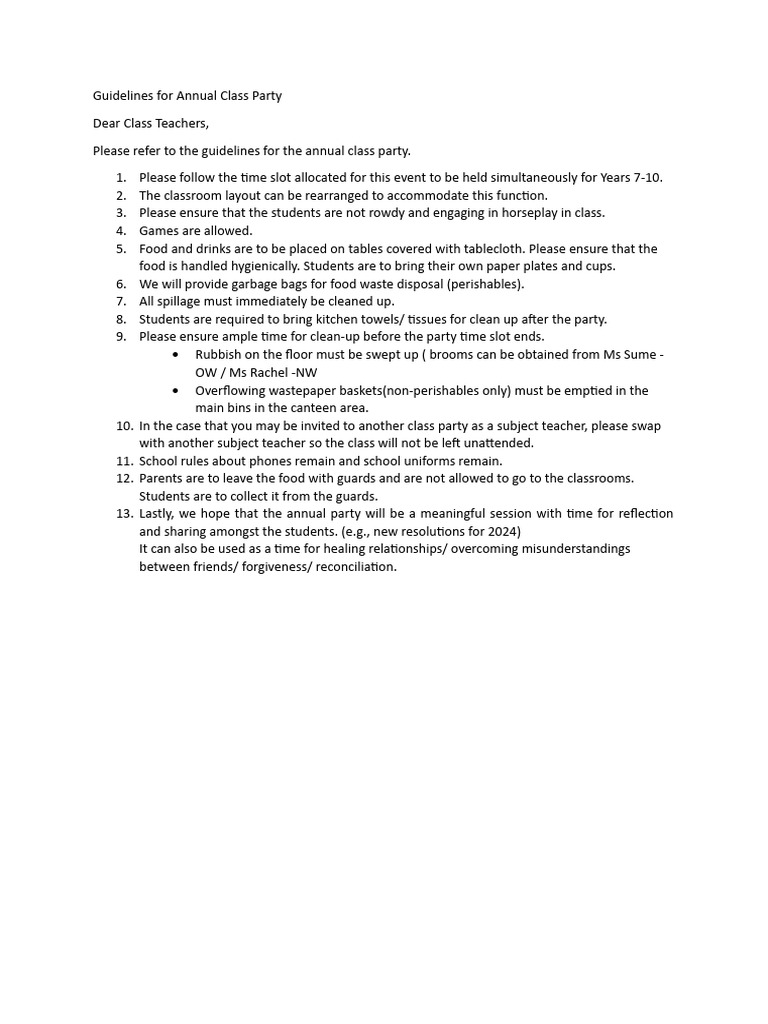 Class Party Guidelines for Teachers | PDF