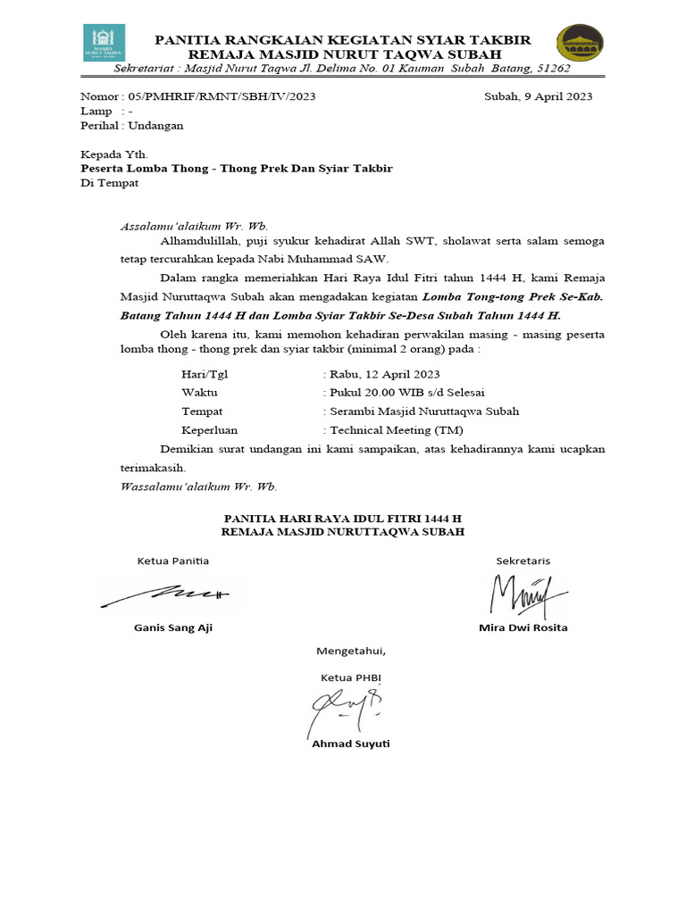 Undangan & Permohonan Juri Lomba Takbir | PDF