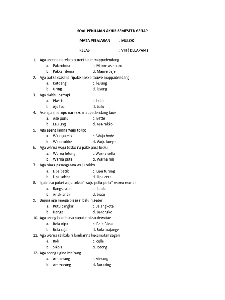 Soal Mulok Kelas 8 Genap | PDF | Seni & Disiplin Bahasa