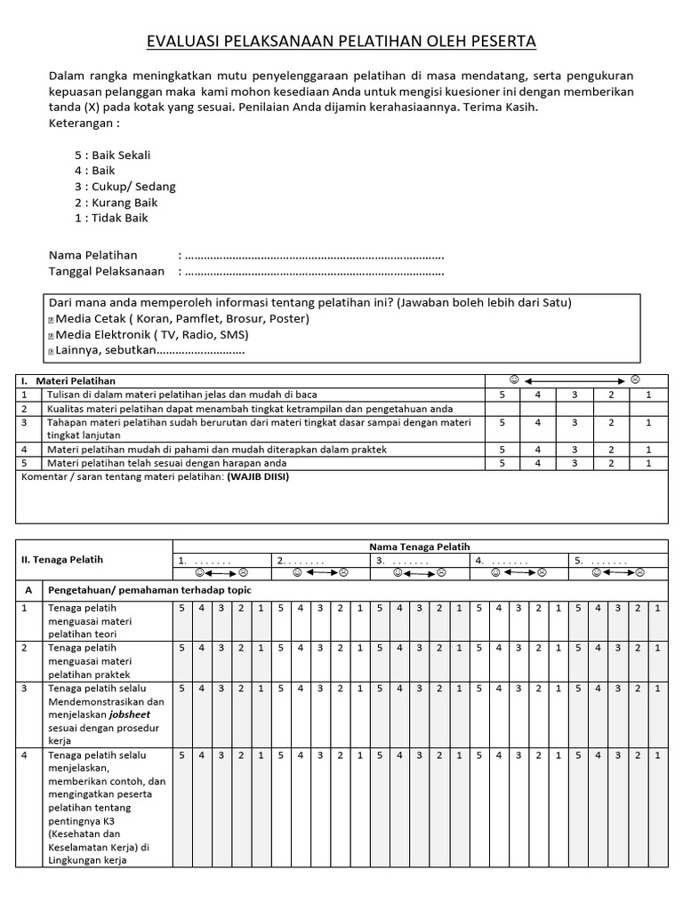 Evaluasi Pelatihan - Form Angket Evaluasi PBK & Ikm - LPKS | PDF