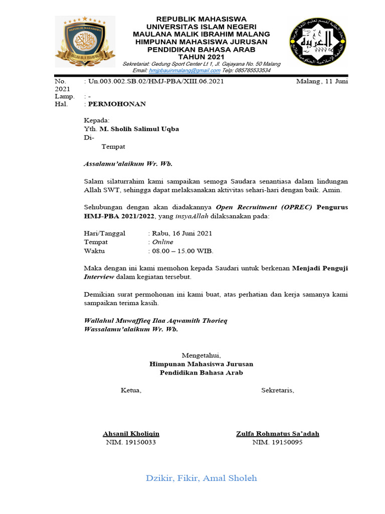 Un.003.002.SB.02 Permohonan Interview M. Sholih Salimul Uqba | PDF