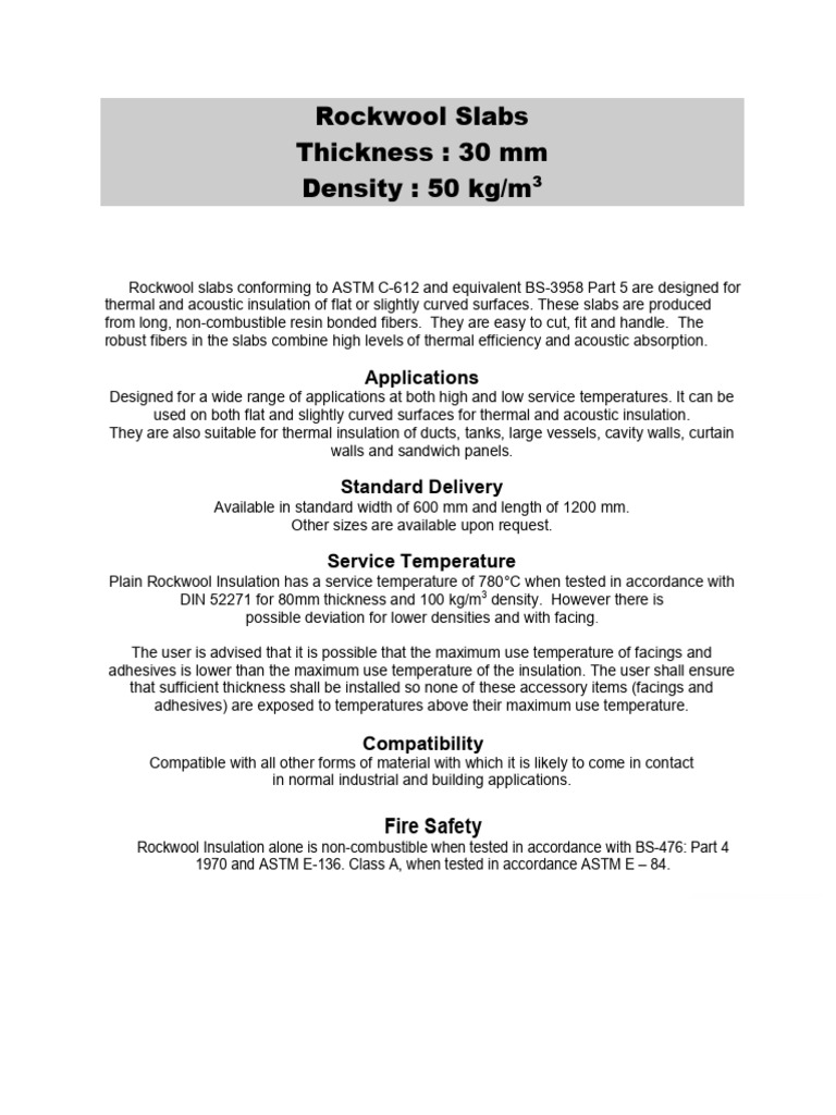 Rockwool Slabs Thickness: 30 MM Density: 50 KG/M: Applications ...