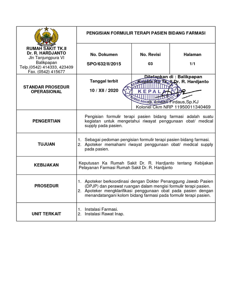 1.a.14 SOP Pengisian Formulir Terapi Bidang Farmasi | PDF