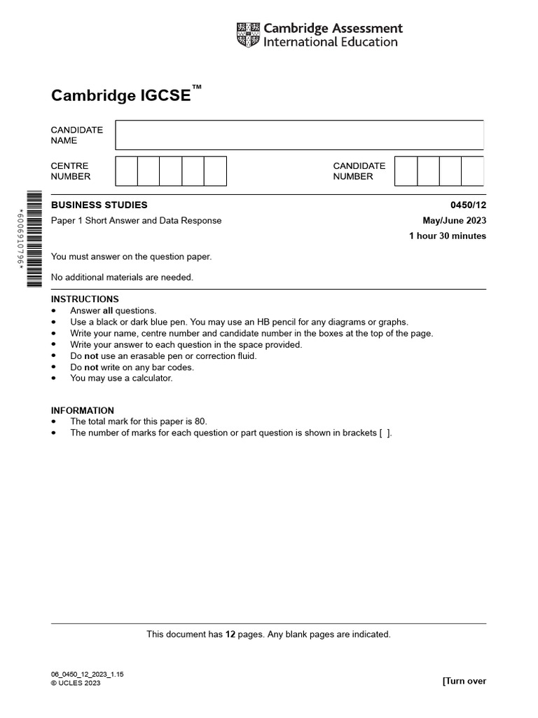 IGCSE CIE Business (0450) qp12 2023 | PDF | Working Capital | Economies IGCSE CIE Business (0450) qp12 2023 | PDF | Working Capital | Economies