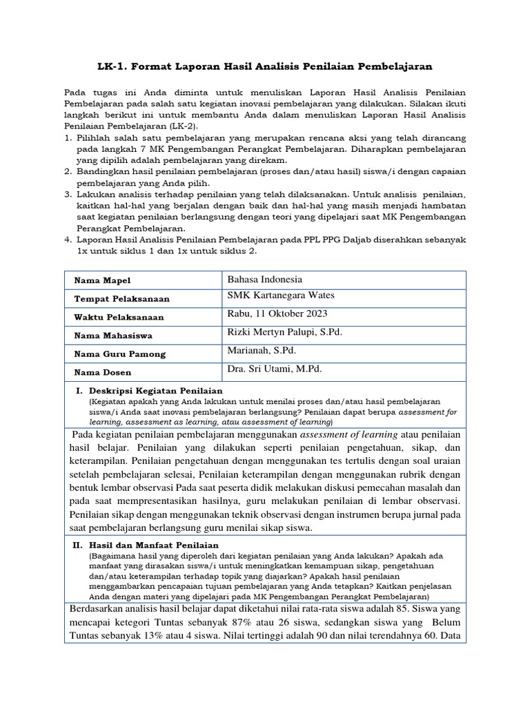 LK 1. Hasil Asesmen Pembelajaran RIZKI | PDF