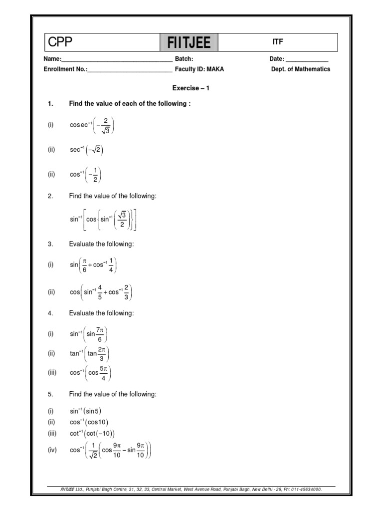 Inverse Trigonometric Functions Pdf Trigonometric Functions Equations 4847