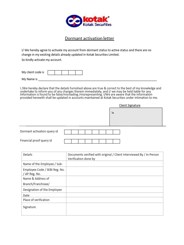 Kotak Dormant Account Activation Letter | PDF | Finance & Money Management