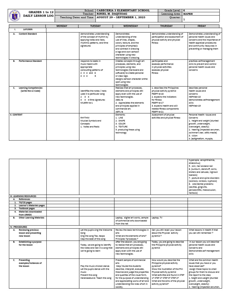 DLL - Mapeh 6 - Q1 - W1 | PDF | Learning | Physical Fitness