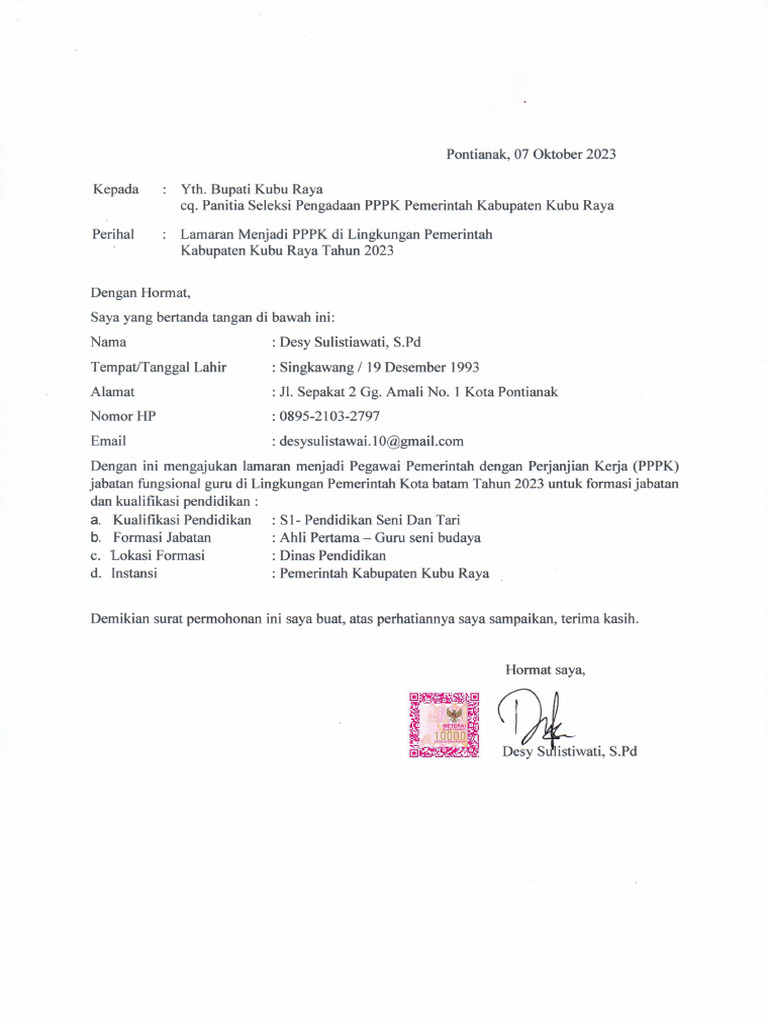 Surat Lamaran - Desy Sulistiawati | PDF