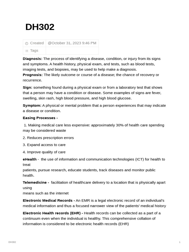 DH302 Notes | PDF | Electronic Health Record | Neuron