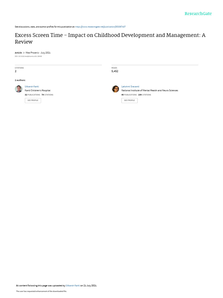 Excess Screen Time - Impact On Childhood Development and Management: A ...