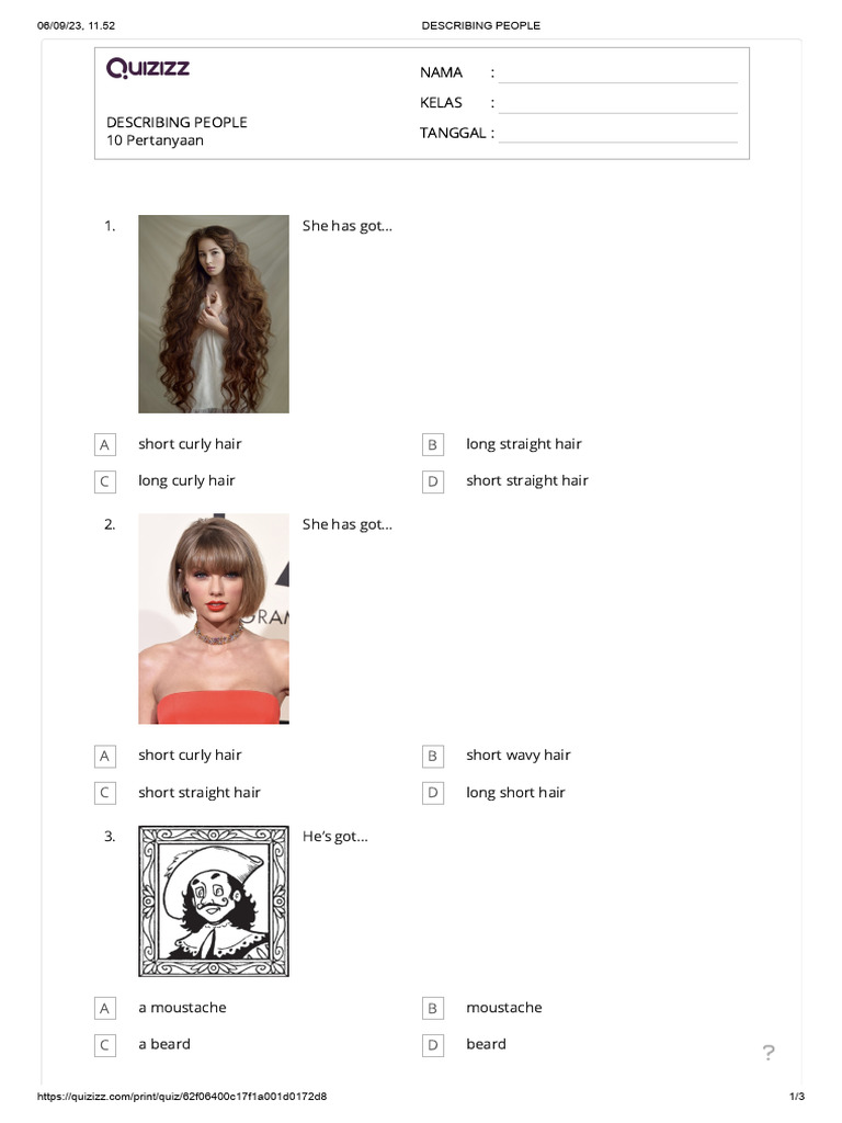 Describing People Quiz Guide | PDF | Human Appearance | Human Head And Neck