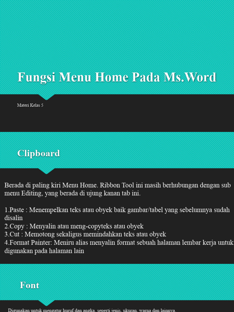 Fungsi Menu Home di MS Word Kelas 5 | PDF