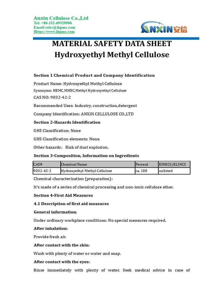 Msds Hydroxyethyl Methyl Cellulose Mhec-ANXIN CELLULOSE CO.,LTD | PDF ...