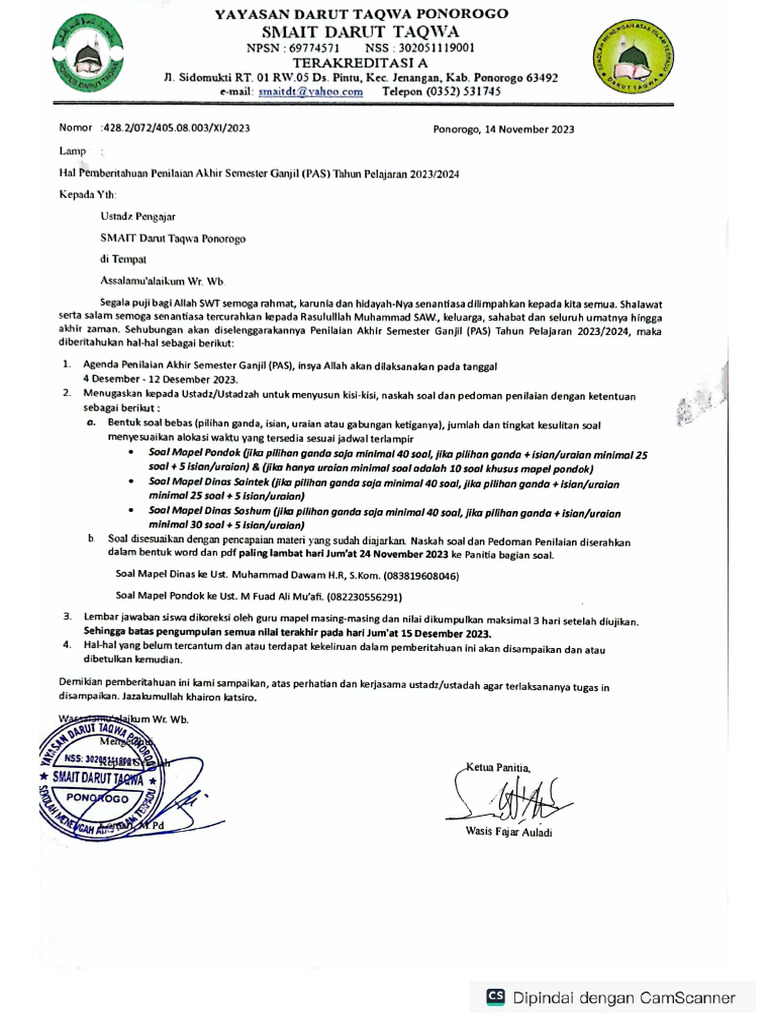 Surat Edaran PAS Semester Gasal 2023-2024 | PDF