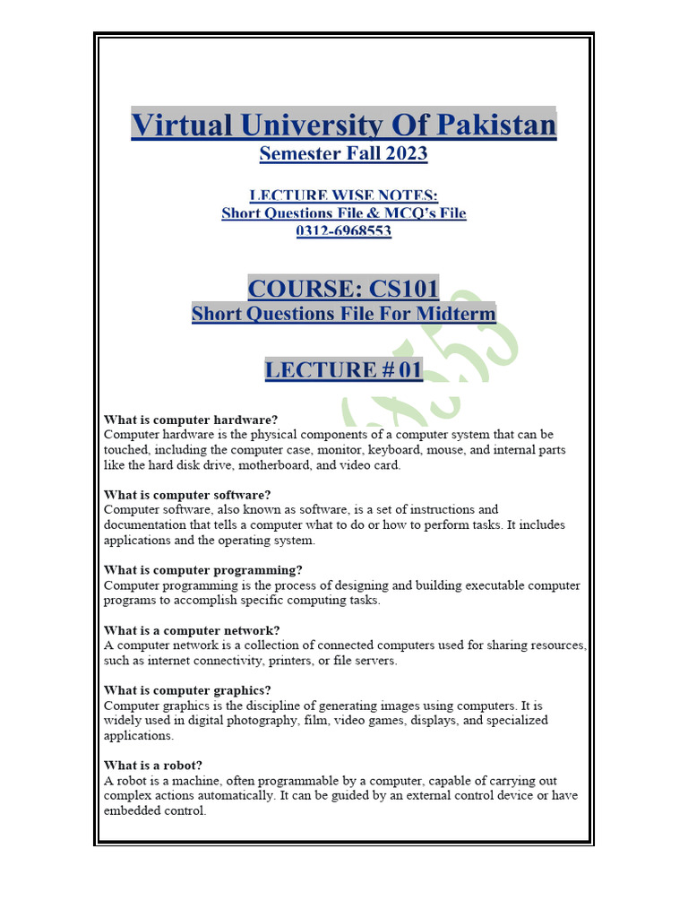 Cs101 Lecture Wise Short Questions File | PDF | Computer Data Storage ... Cs101 Lecture Wise Short Questions File | PDF | Computer Data Storage ...