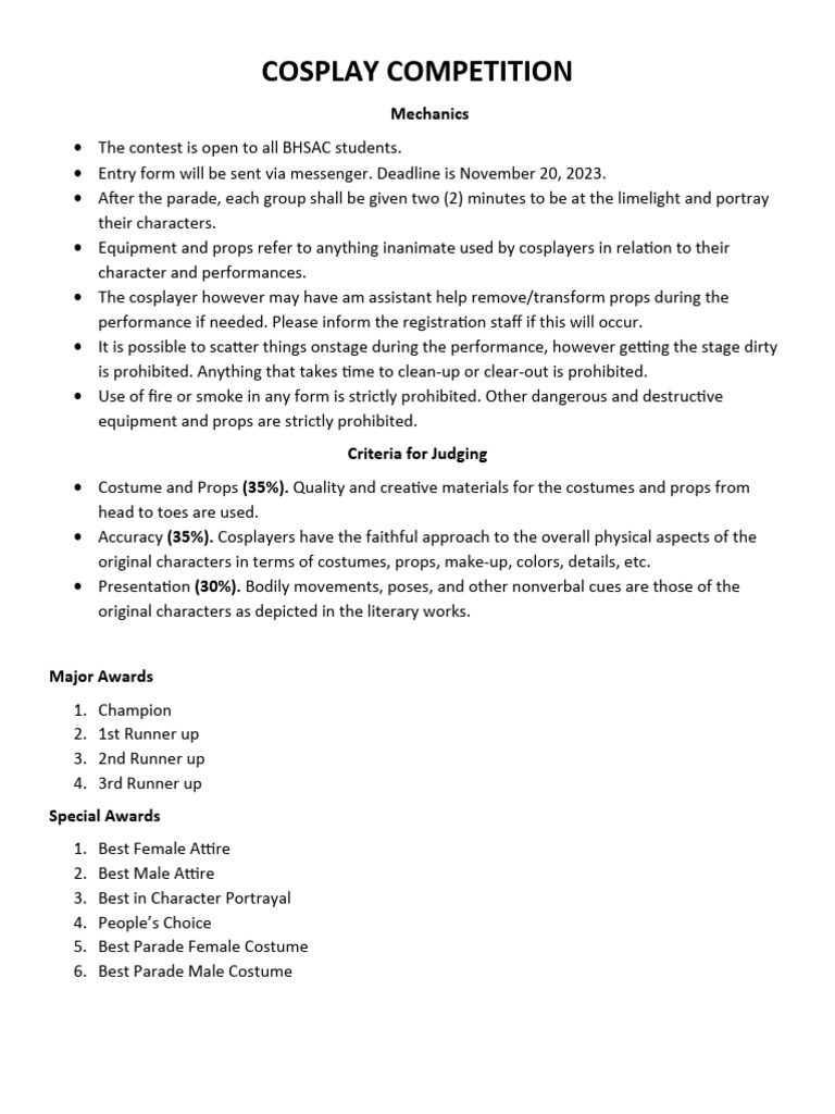 Cosplay Competition Guidelines | PDF